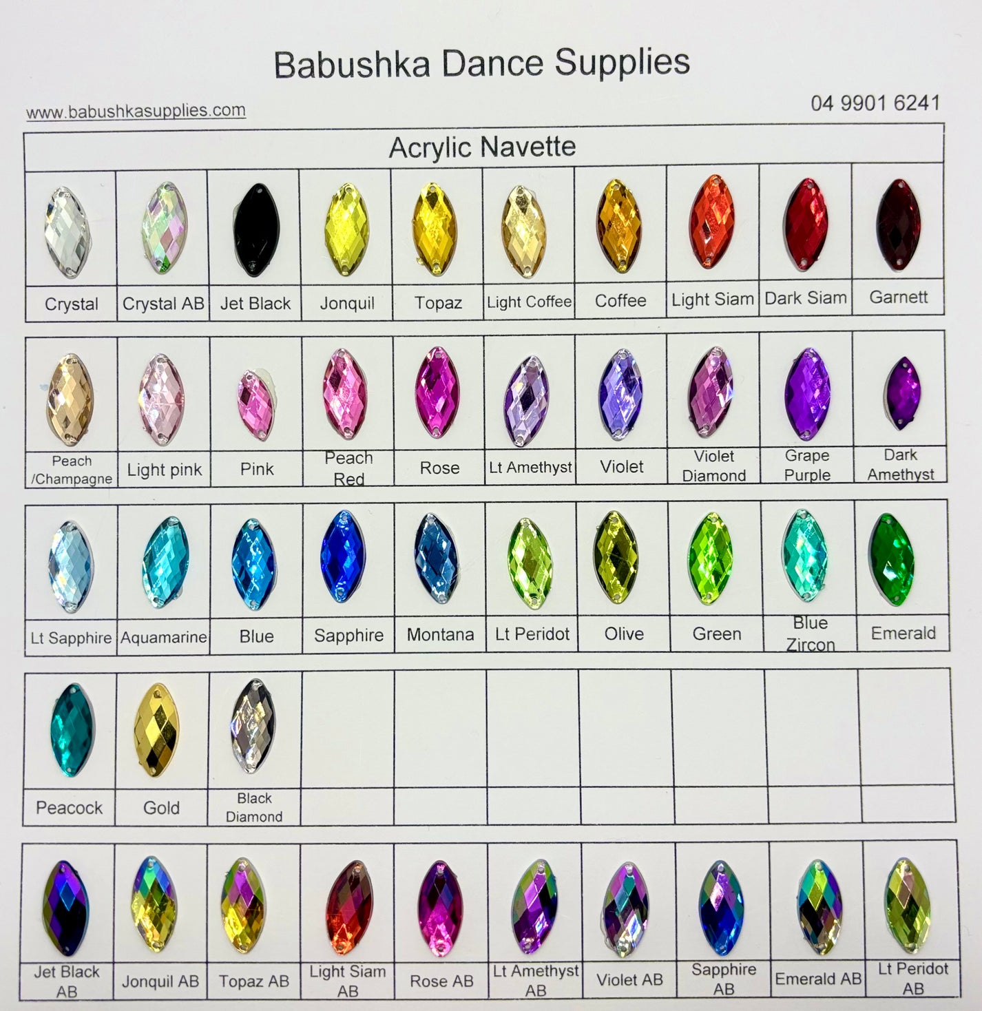 Acrylic Navette - Colour Chart – Babushka Dance Supplies